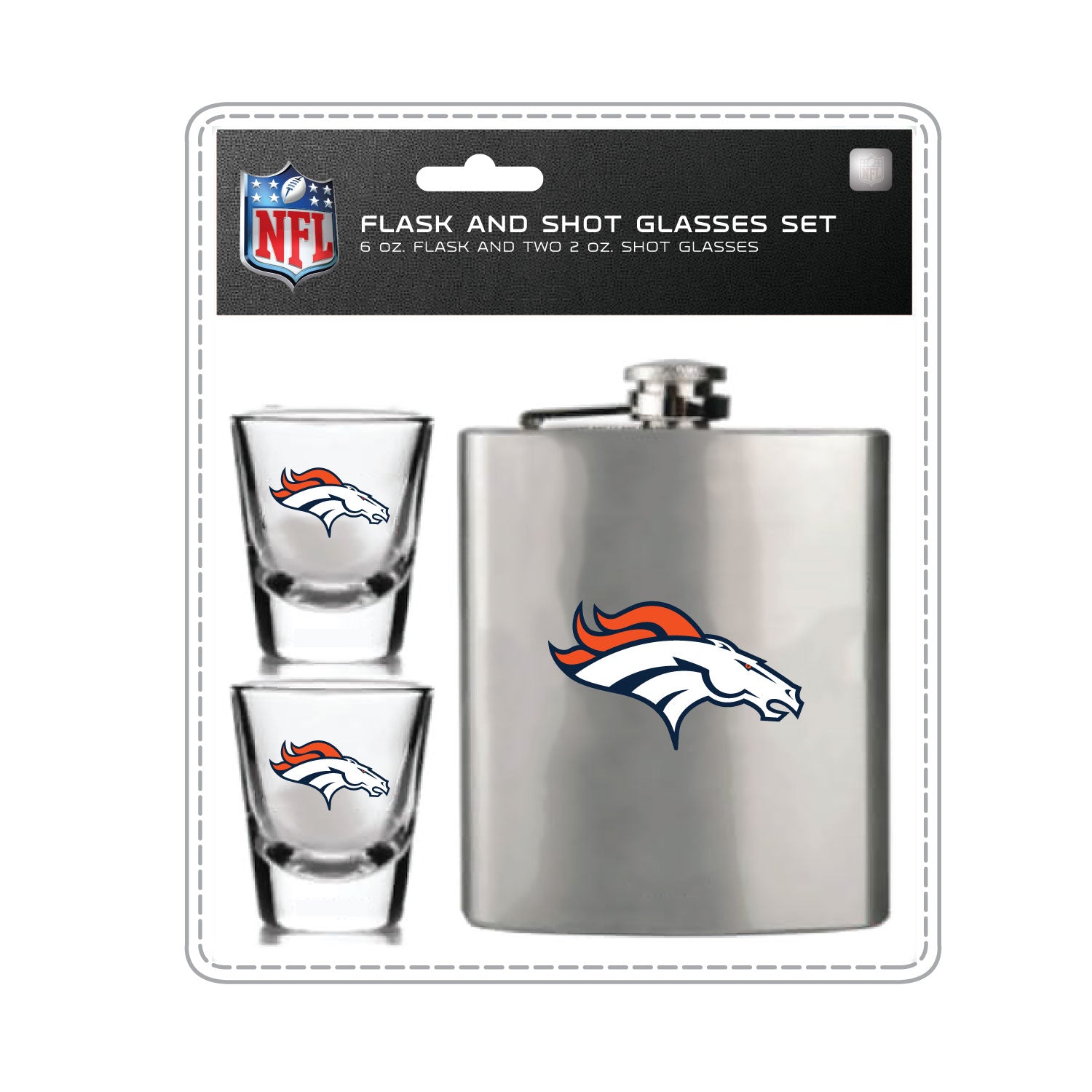 Denver Broncos Flask Set - 1 Flask and 2 Shot Glass Set – mojosportsbags
